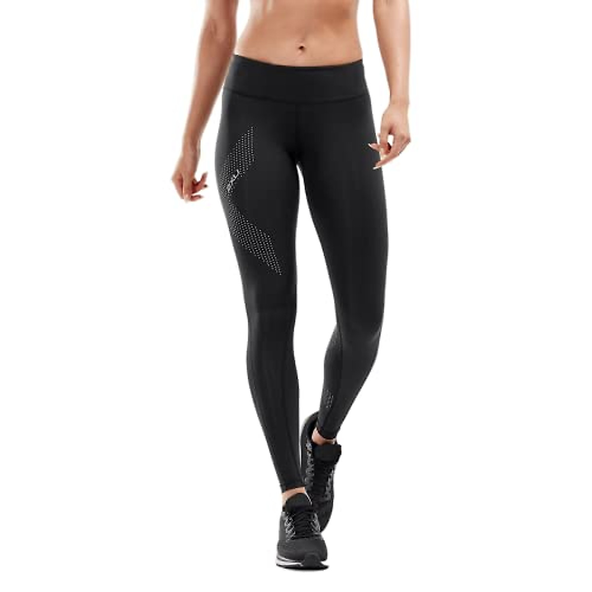 2XU Women's Mid-Rise Compression Tights, Black/Dotted Reflective Logo, Large