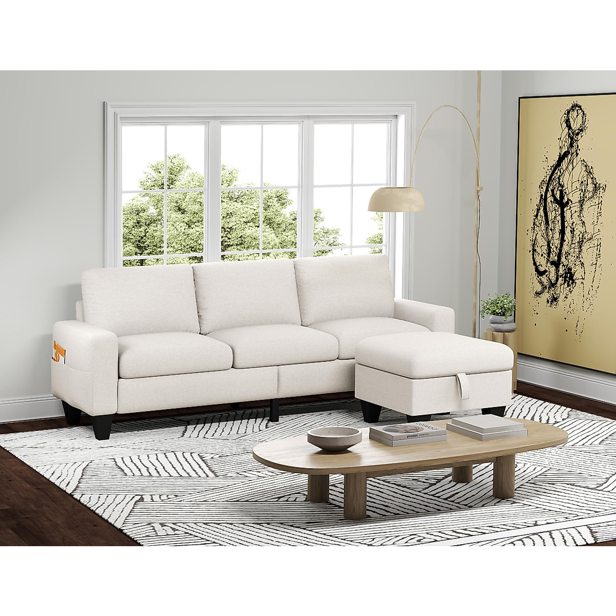 Yattem Convertible Sectional Sofa Couch：Modern L-Shaped Sofa Couches with Reversible Storage Ottoman & Side Storage Pockets - 3-Seat Beige Linen Sofa Couch for Living Room/Apartment/Studio/Small Space