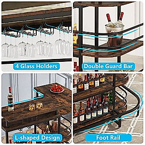 Tribesigns Home Bar Unit, L-Shaped Liquor Bar Table with 4 Glasses Holders and 4 Tier Shelves, Wine Bar Cabinet Mini Bar for Home Kitchen Pub, Freestanding Coffee Bar Table with Footrest, Rustic Brown