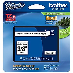 Genuine Brother 3/8" (9mm) Black on White TZe P-Touch Tape for Brother PT-2100, PT2100 Label Maker with Free TZe Tape Guide Included