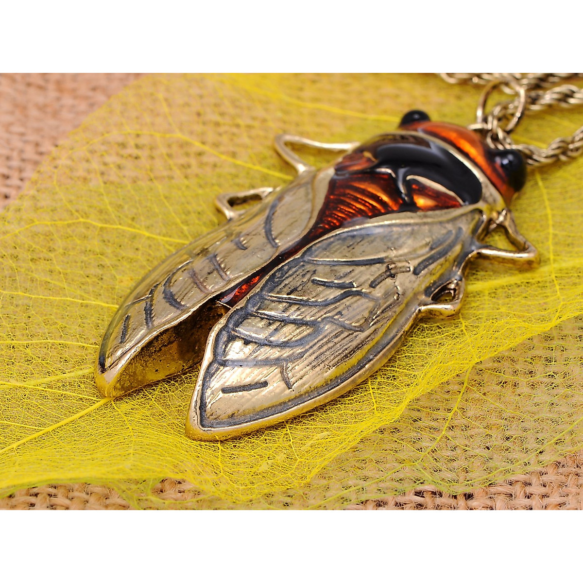 Alilang Big Antique Golden Tone Orange Amber Vintage Insect Cicada Beetle Bug Chain Pendant Necklace