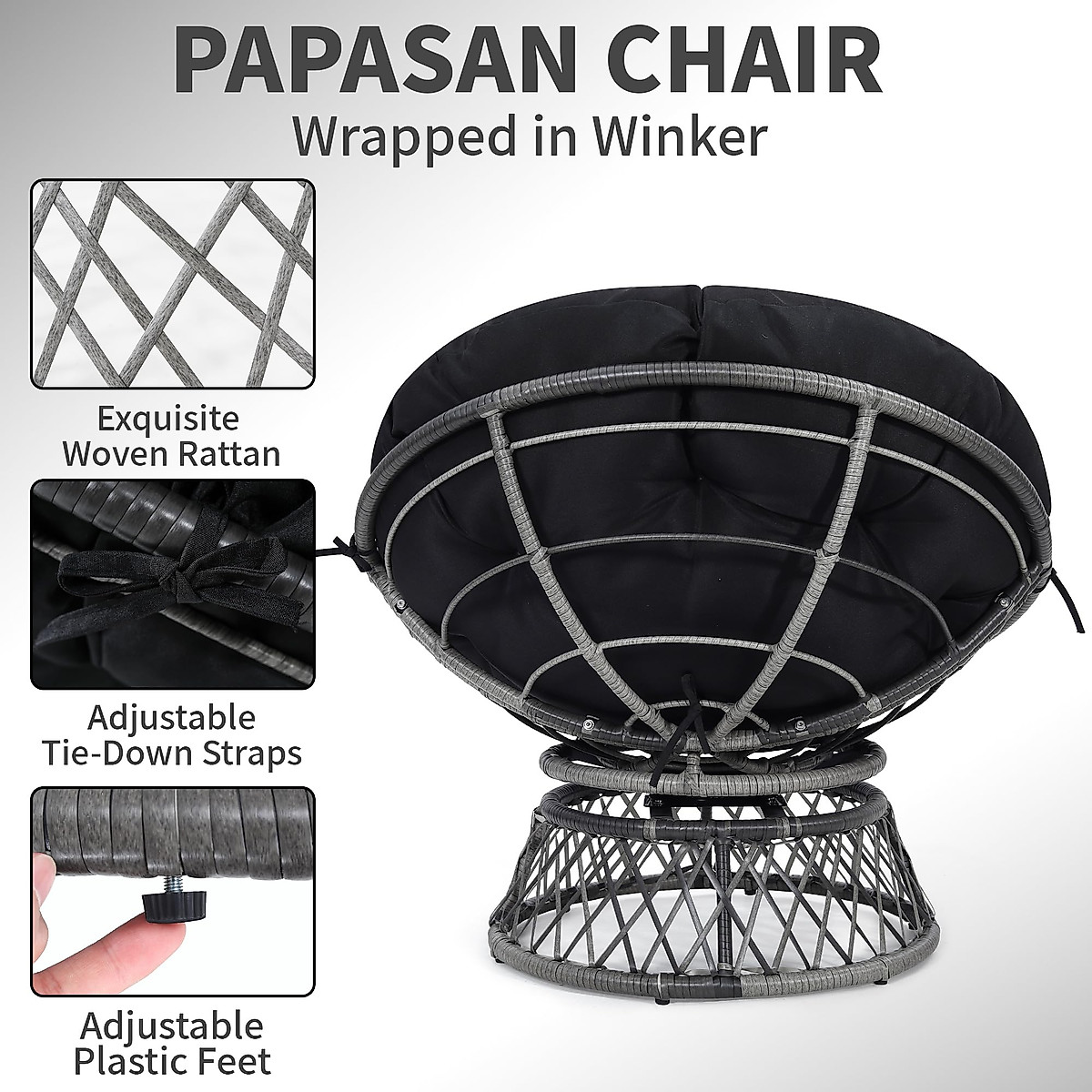 KROFEM 37" Wicker Papasan Circle Chair 360° Swivel, Indoor Outdoor Furniture, Ideal for Teenagers, Frame with Black Thick Cushion