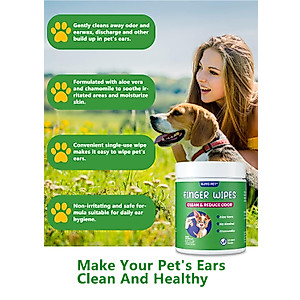 GJYC PET Ear Finger Wipes for Dogs & Cats - Natural Ingredients Gently Remove Ear Wax, Debris - Soothes & Deodorizes - Relieve Ear Itching & Inflammation with Aloe, 55 Count