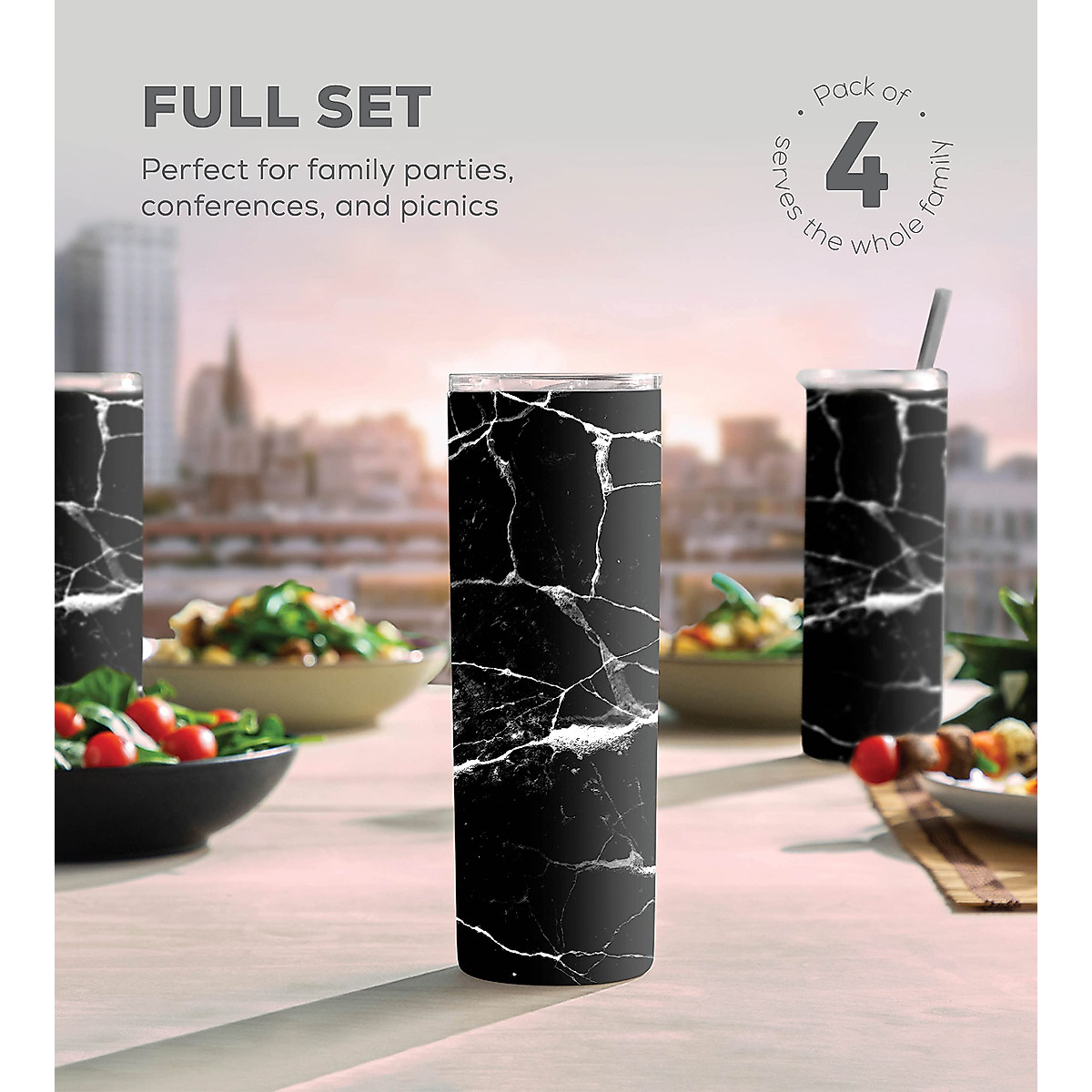 Insulated Skinny Stainless Steel Tumbler Set - 4-Pack 20oz Coffee Tumbler with Straw - Travel Coffee Mug With PBA Free Lids - Slim Vacuum Insulated Tumblers Keep Hot and Cold - Great for Home, Office.