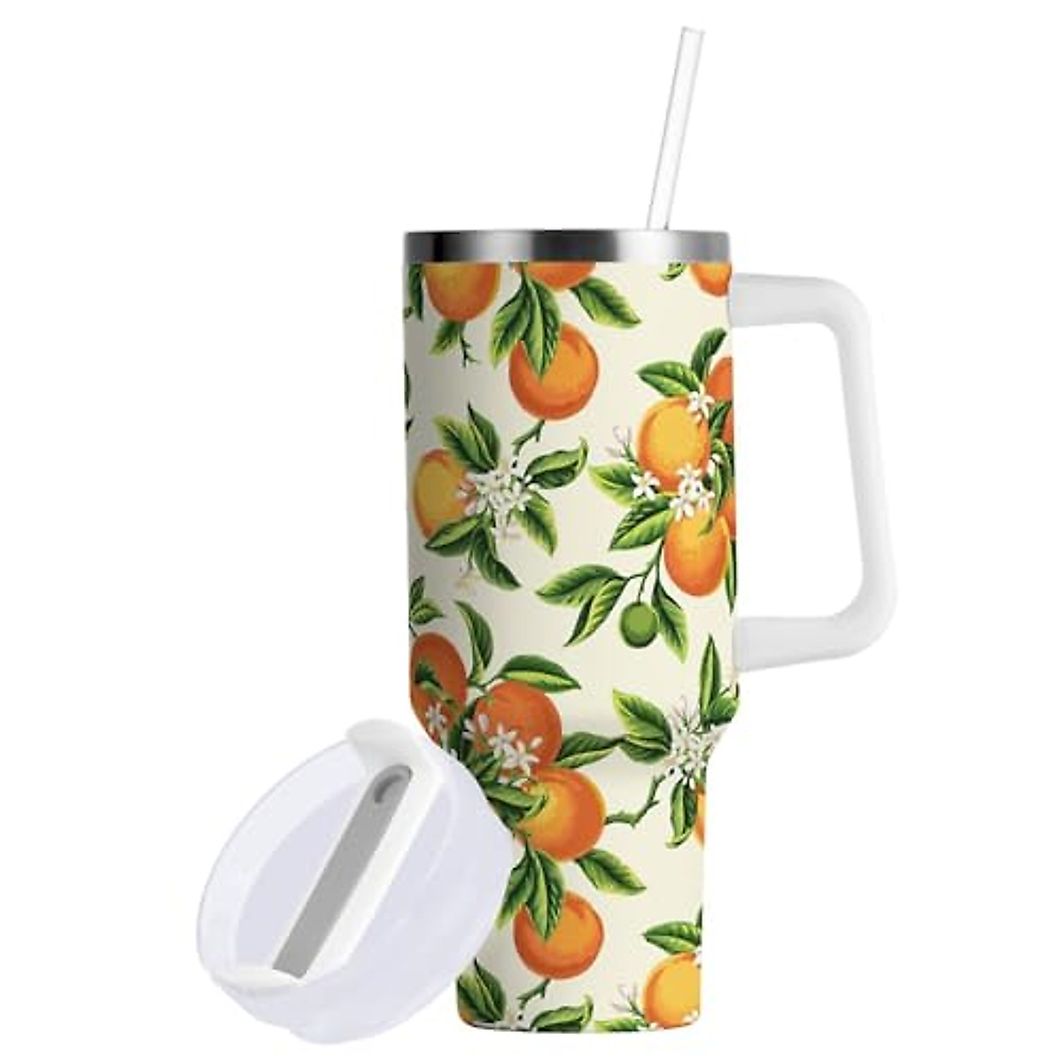 ZZXXB Orange Florals Insulated Stainless Steel Water Bottle with Handle and Straw Lid Double Walled Travel Mug 40 oz
