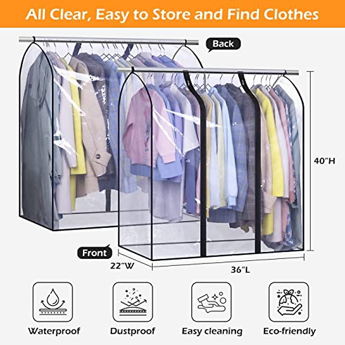 MISSLO 40" Hanging Garment Bags for Closet Storage Clear Garment Rack Cover Bottom Enclosed Cloth Cover Hanging Clothes Storage Bag Waterproof Clothes Protector for Suits, Coats, Sweaters, Shirts