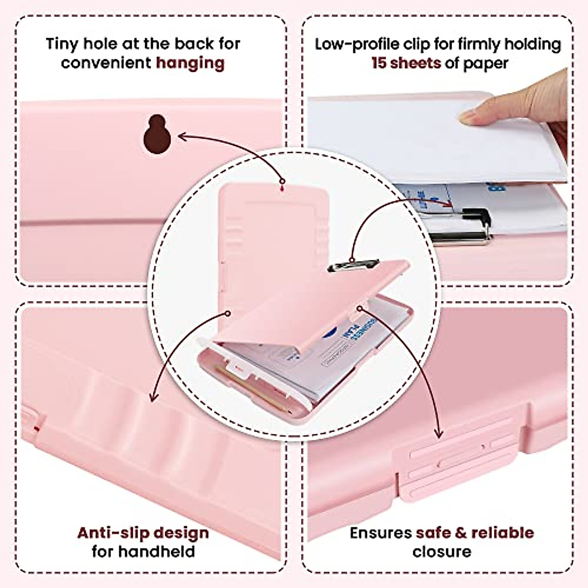 SUNEE Heavy Duty Plastic Clipboard with Storage and Pen Holder, Pink Enclosed Clipboard Box for Nurse, Driver, Contractor, Teacher