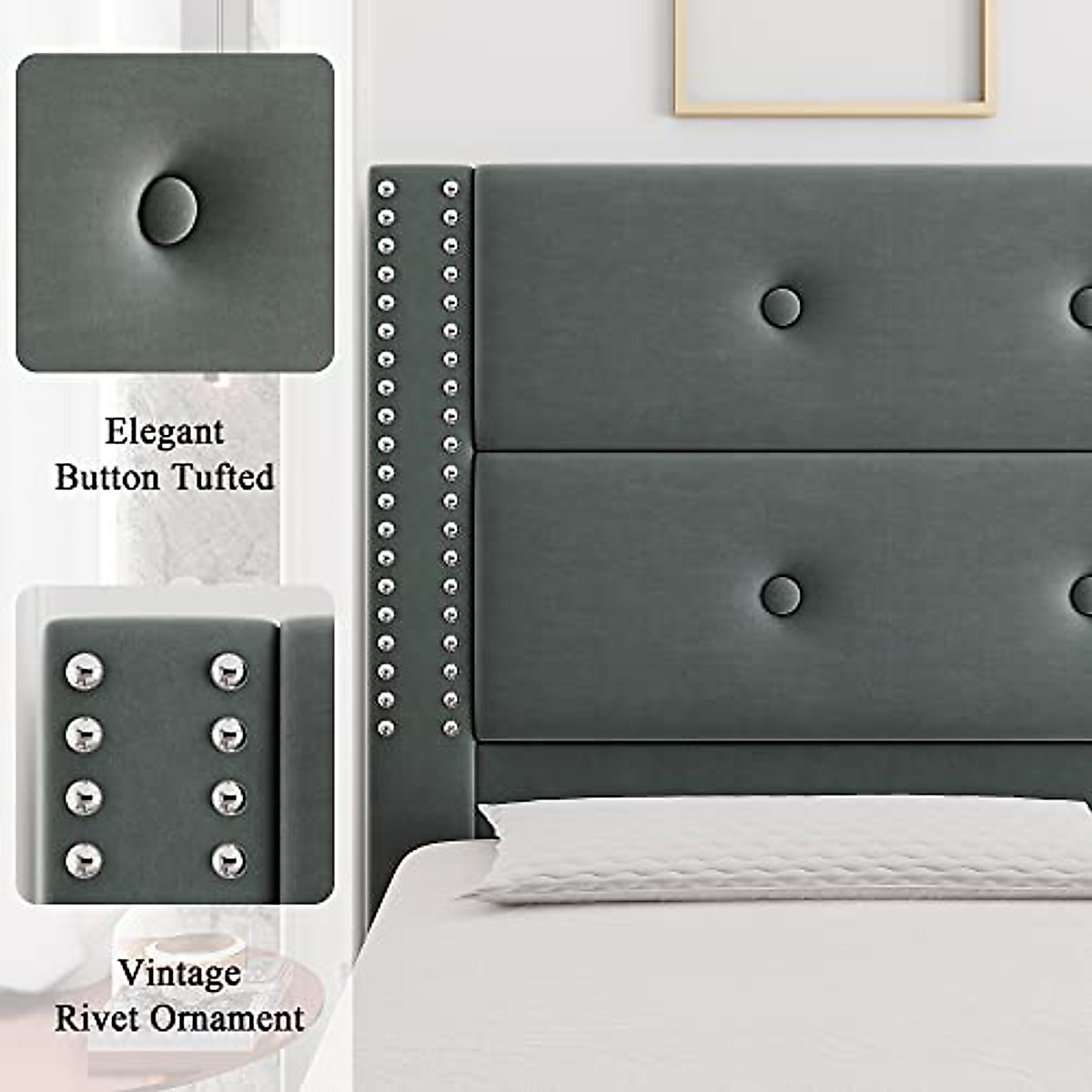 iPormis King Size Platform Bed Frame, Velvet Upholstered Bed Frame with Button Tufted & Nailhead Headboard, Wooden Slats Support, No Box Spring Needed, Noise-Free, Gray