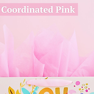 FENKON 13'' Large Baby Girl Gift Bag for Baby Shower Birthday with Tissue Paper and Greeting Card, Flowers OH BABY (BabyPink, 13'')