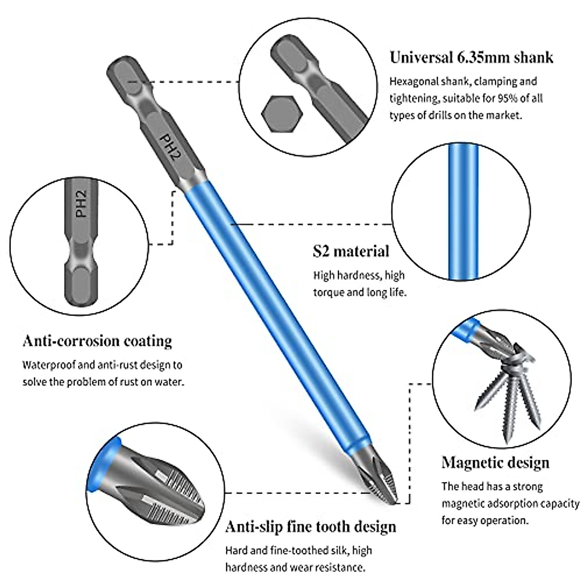BAYTORY 10-Piece Magnetic Anti-Slip Screwdriver Bits with 1-Piece Magnetize Corrector Tool, 1/4 inch Hex Shank PH2 Phillips Screw Head 25-150mm Long Electric Cross Drill Bit Set