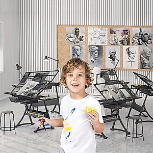 EESHHA Drawing Table Drafting Table Art/Adjustable Glass Drawing Table with 2 Drawers, Art Desk Art Table with Storage, Student Desk Study Desk for Drawing, Painting, Writing and Studying