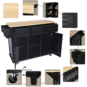 Kitchen Island Cart with Wood Drop-Leaf Top and 3 Drawers, Rolling Mobile Kitchen Island on 5 Wheels with Storage Cabinet, Internal Storage Racks, and Adjustable Shelves, 53.1 Inch Width (Black)