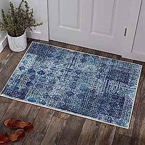 YoKii Navy Blue Geometric Distressed Throw Rug Texture 2x3 Faux Wool Modern Abstract Small Area Rug Fuzzy Kitchen Bathroom Mat Rubber Backed Vintage Diamond Low Pile Indoor Doormat (2x3, Navy Blue)