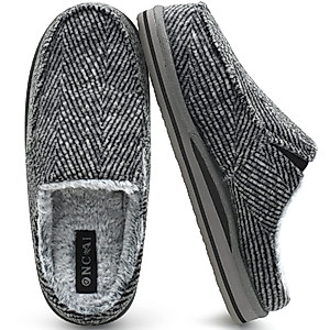 ONCAI Slipper for Men with Arch Support,Cotton-Blend Memory Foam House Slippers for Men Warm Strips Fluff Plush Wool-like Clogs with Rubber Sole Grey Size 14