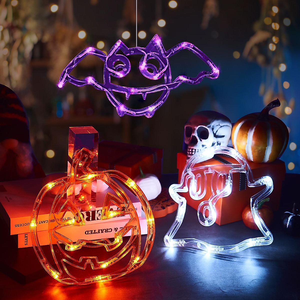 PISKEKAT Halloween Decorations, 3 Pack Orange Pumpkin, White Ghost, Purple Bat Halloween Window Lights with Suction Cup & Hooks, Battery Operated Indoor Lights for Halloween Window Decorations