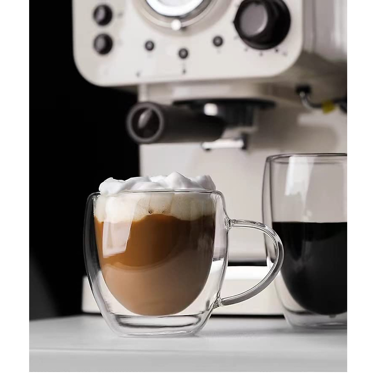 BOQO Glass Coffee Cups Set of 4,Double Walled Insulated Drinking Glass Coffee Mugs with Handle,Perfect for Latte, Cappuccinos, Tea Bag, Juice (240ml /8oz Water Glasses)…