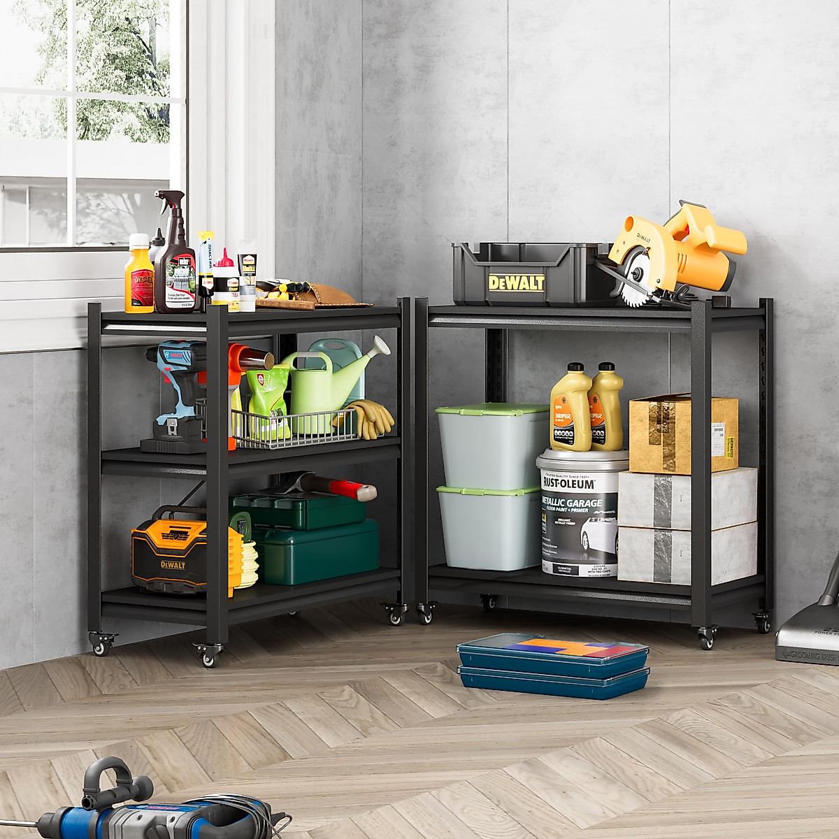 Topass Storage Shelves, Bakers Rack with Wheels, 3-Tier Metal Shelving Unit with Wheels for Kitchen Garage Office, Kitchen Stand with Adjustable Rack (18" D x 34" W x 32" H)