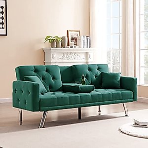 Eafurn Convertible Futon Sofa Bed, Soft Upholstered Loveseat Adjustable Sleeper Couch,Button Tufted Sofa & Couch with Removable Pillow Top Armrests and 2 Cup Holders, Green