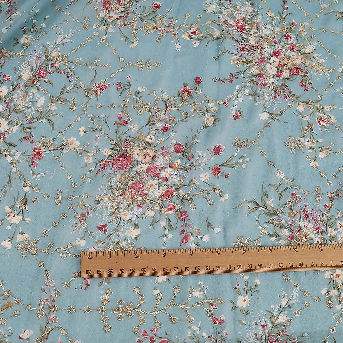 Embroidered Eyelets Chiffon Fabric Drape Floral Printing for Dresses Making 60 inch Wide (Grayish Green, Pre-Cut 4 Yards)