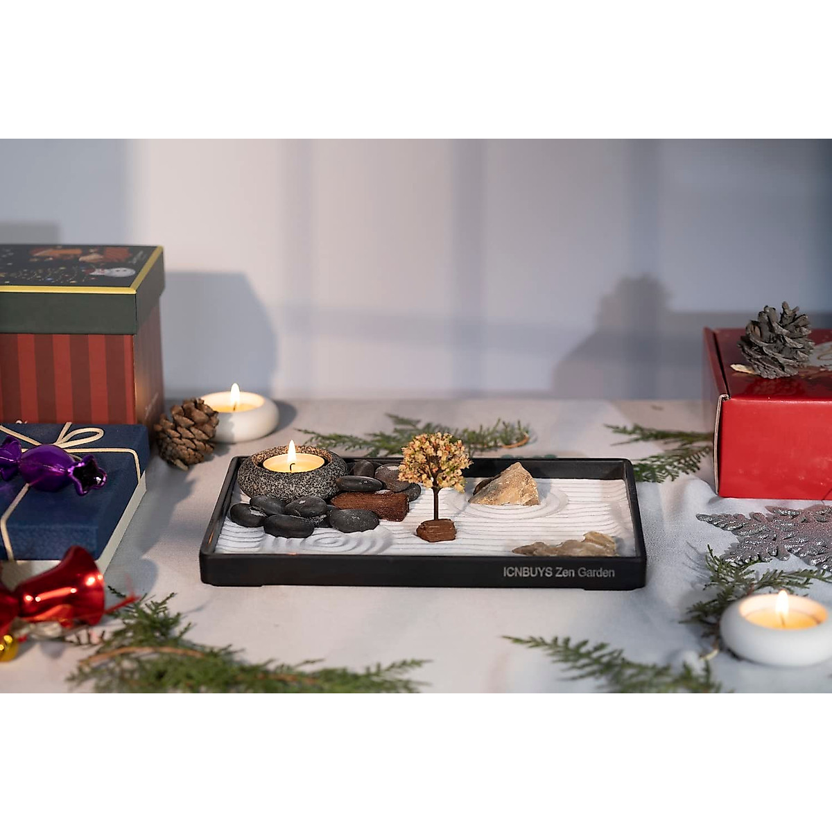 ICNBUYS Handmade Zen Garden Pebbles Candle Holder Set with Zen Garden Tools, Sand, Base Tray and Free Accessories