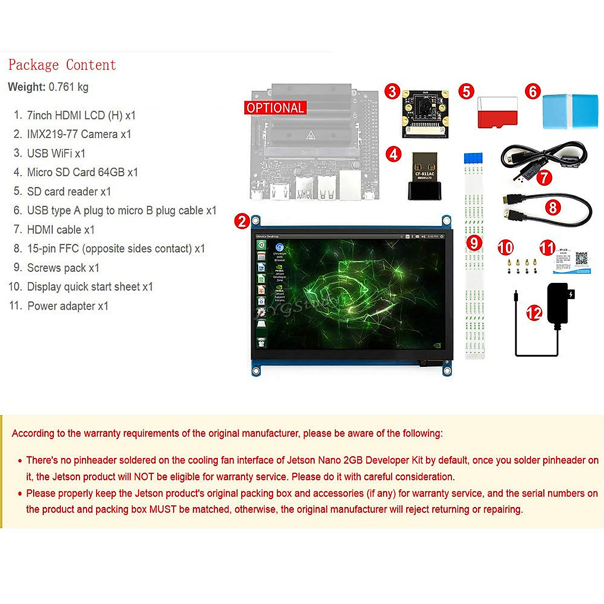 Jetson Nano 2GB Developer Accessories Kit for Small Powerful Computer AI Development Board with 7 inch IPS Touch HDMI Screen LCD Display Micro Card 64GB USB WiFi 8MP Camera Module @XYGStudy (AcceC)
