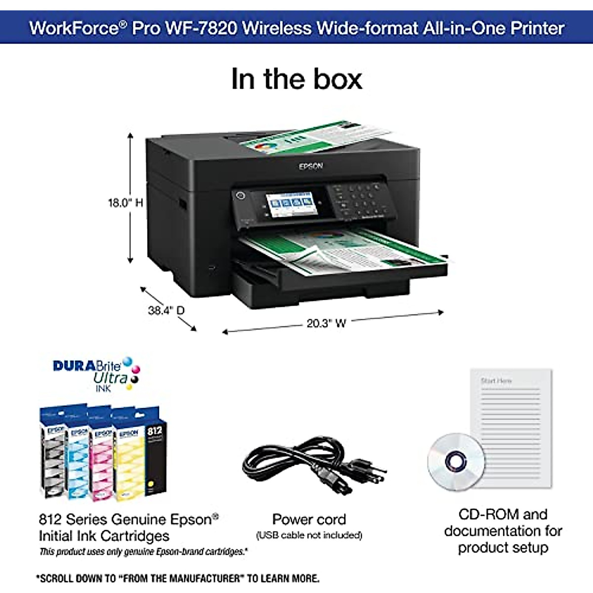 Epson Workforce Pro WF-7820 Color Inkjet Wireless All-in-One Printer - Print Scan Copy Fax - 4.3" Touchscreen Display, 4800 x 2400 dpi, 13"x19", 50-Sheet ADF, 25 ppm, Auto 2-Sided Printing