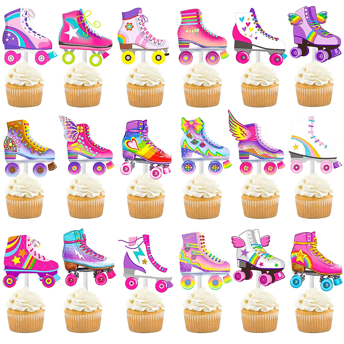 36pcs Roller Skate Cupcake Toppers Roller Skate Birthday Party Decorations 80s 90s Retro Hip Hop Roller Skating Theme Decor Supplies for Children Boy Girl Happy Birthday Party Decor Supplies