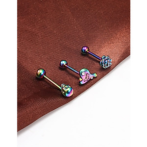 Vsnnsns 14G Tongue Rings for Women Stainless Steel Heart Tongue Rings Skull Tongue Piercing Jewelry Flower Tongue Rings Surgical Steel Tongue Jewelry Barbell Body Piercing Jewelry Rainbow