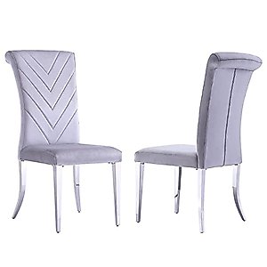 AZhome Dining Chairs - Set of 2 Silver Gray Velvet Upholstered Chairs with Elegant V-Shaped Texture & Rolled Back, Silver Stainless Steel Legs