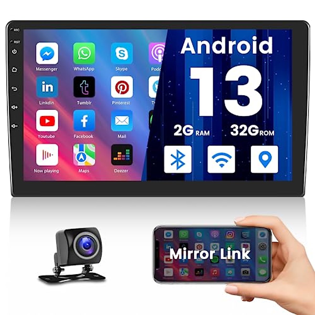 Epronic 10.1 inch Touchscreen Android 13 Car Stereo Double Din Support GPS Navigation WiFi Mirror Link Bluetooth EQ Spilt Screen 23 UI Themes【2+32GB】