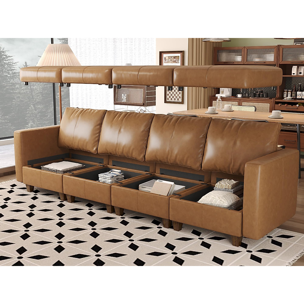 EASE MOOSE Modular Sectional Couch with Storage Seats, 4 Seat Faux Leather Convertible Modular Sofa Sectional Sofa Couch with Reversible Chaises for Small Spaces