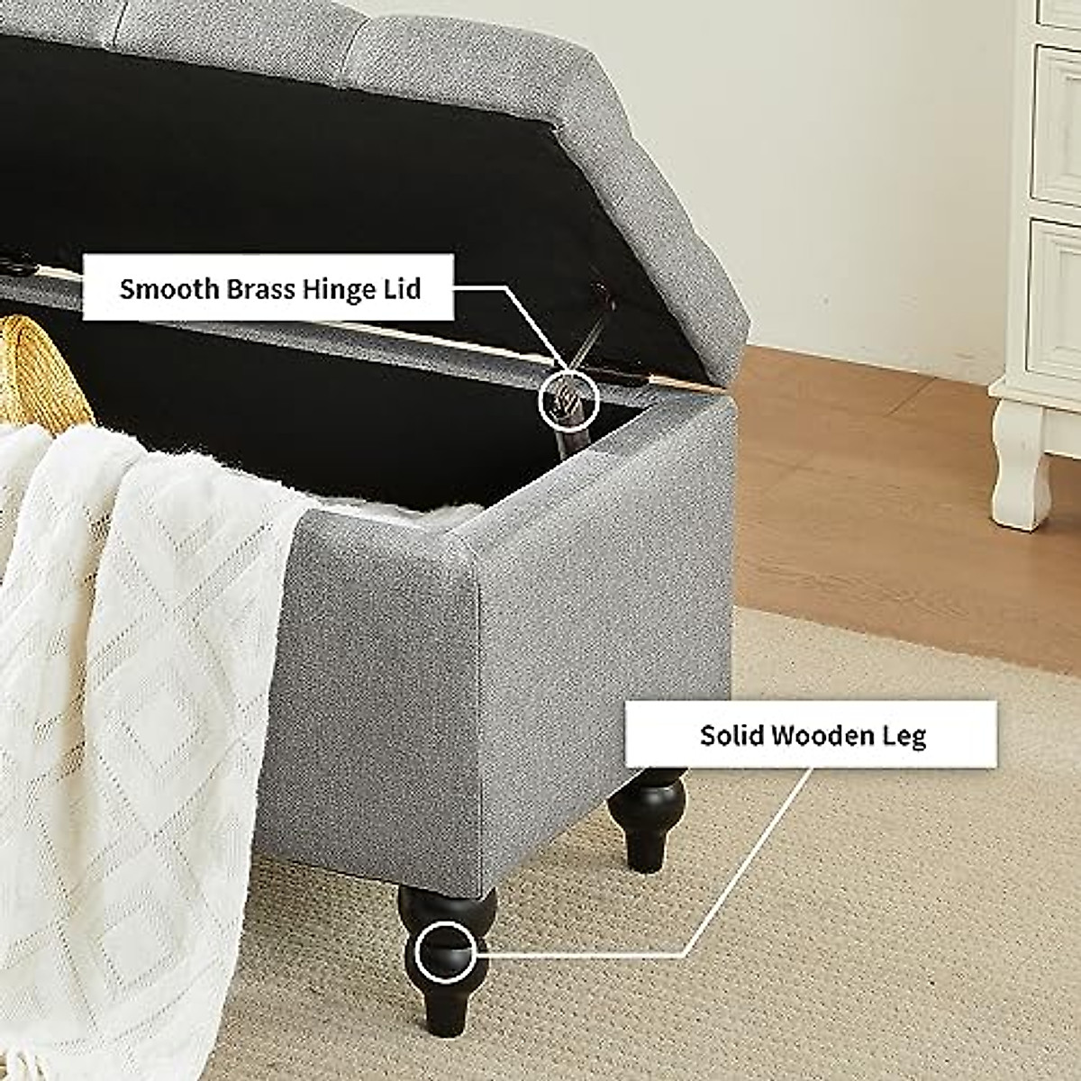 Busaurus Storage Ottoman Bench 50.2 Inches, Upholstered End of Bed Ottoman Bench with Storage and Seating, Large Blanket Storage Bench for Foot Rest in Bedroom, Living Room, Entryway (Grey with Tray)