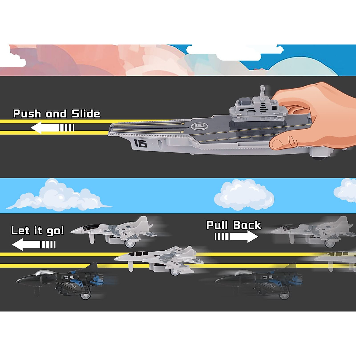 Crelloci Aircraft Carrier Military Naval Ship with Pull Back Army Fighter Jet Toy Small Scale Model Plane Submarine Kids' Play Vehicle Set for Boy Girl Children