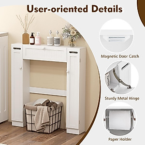 Tangkula Over The Toilet Storage Cabinet, Freestanding Toilet Storage with Adjustable Shelves & Paper Holder, 2 Side & Pull-Down Door, Space Saving Toilet Cabinet for Bathroom Laundry (White)