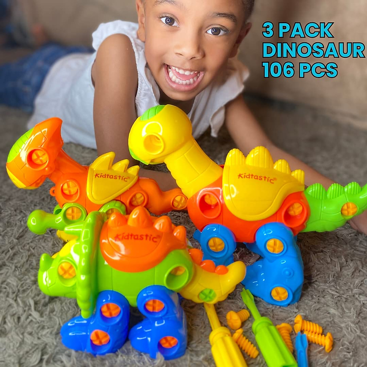 Kidtastic Dinosaur Toys, 106 pcs Take Apart Stem Learning Toys with Screwdriver, Ages 3-6 Year Kids Birthday Gift, Fun Construction for Boys and Girls - Build a Dinosaur, 3 yr Old Toddler Toys
