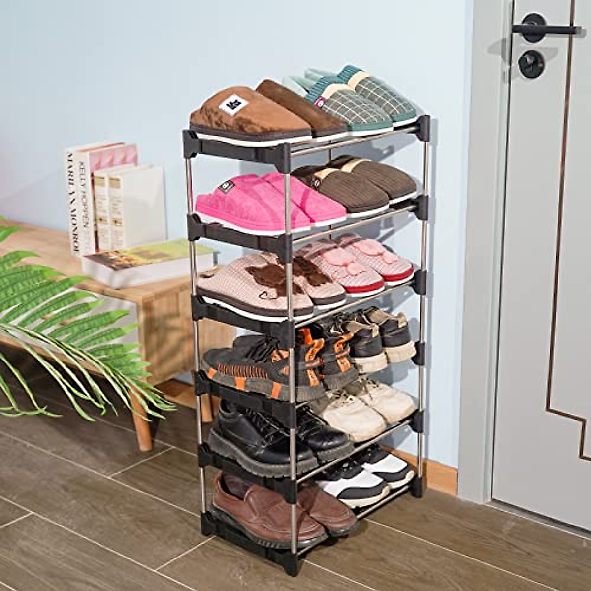 Frqianly Shoe Rack,6 Tiers Shoe Storage Organizer,12-14 Pairs Stackable Shoe Tower,Metal Shoe Shelf Stand for Entryway Closet,Easy Assembly,Space Saving (Black)