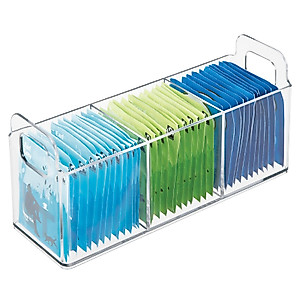 mDesign Plastic Condiment Organizer and Tea Bag Holder - 9" Long Kitchen Pantry/Countertop Storage Caddy - Divided Chip, Snack, Granola, Oatmeal Packet Holder - Lumiere Collection - 2 Pack - Clear