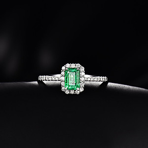 Lanmi 14K White Gold Natural Green Emerald Engagement Solitaire Rings Diamonds Wedding Band for Women Promotion
