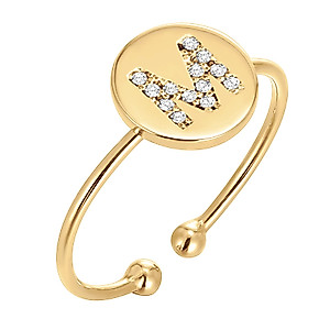 PAVOI 14K Yellow Gold Plated Disc Initial Adjustable Ring | CZ Initial Ring | Initial Rings For Women | "M" Initial Ring
