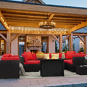 Greesum Patio Furniture Sets 13-Pieces Outdoor PE Rattan Sectional Sofa w/43in Gas Fire Pit Table 55000 BTU Add Warmth to Gatherings Parties On Deck Garden Backyard, Red