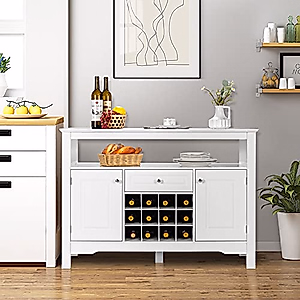 Giantex Buffet Sideboard Wood Storage Cabinet Kitchen Cupboard Dining Room Living Room Bar Furniture Console Table Pantry Credenza with Modular Wine Rack Open Shelf Drawer Cabinets, White