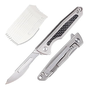TENCHILON TC31 Small Folding Scalpel Pocket Flipper Knife, 3.1 inches Titanium Carbon Fiber Handle, Mini EDC Utility Box Cutter Knives