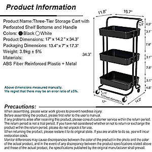 Lomani 3 Tier Storage Cart, Rolling Utility Cart with Brake Caster Wheels, Multifunctional Storage Shelves, Metal Storage Cart, Trolley for Kitchen, Bathroom, Office with Handle -White