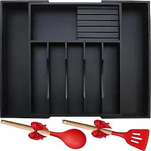 ENES-MM Bamboo Silverware Drawer Organizer Kitchen - Expandable Wood Utensil, Adjustable Cutlery Tray, Flatware Storage, Removable Knife Block and Dividers, Extra Gift Set Silicone Cooking Utensil