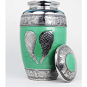 Wood Carving International Angel Wings Urns for Ashes - Decorative Human Adult- Burial cremated remains Funeral Urn Cremation Adult Male & Female with Velvet Bag (Green), Large