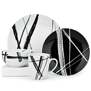 ZYAN 16 Piece Round Dinnerware Sets, Black and White Metro Stoneware Dish Sets, Dishwasher Safe Plates and Bowls Sets for 4