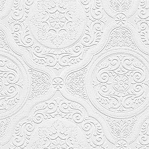 Norwall NW48932 Carter Series Vinyl Textured Paintable Floral Scroll Boarded Square Design Large Wallpaper Roll, 21" W x 33'L, White