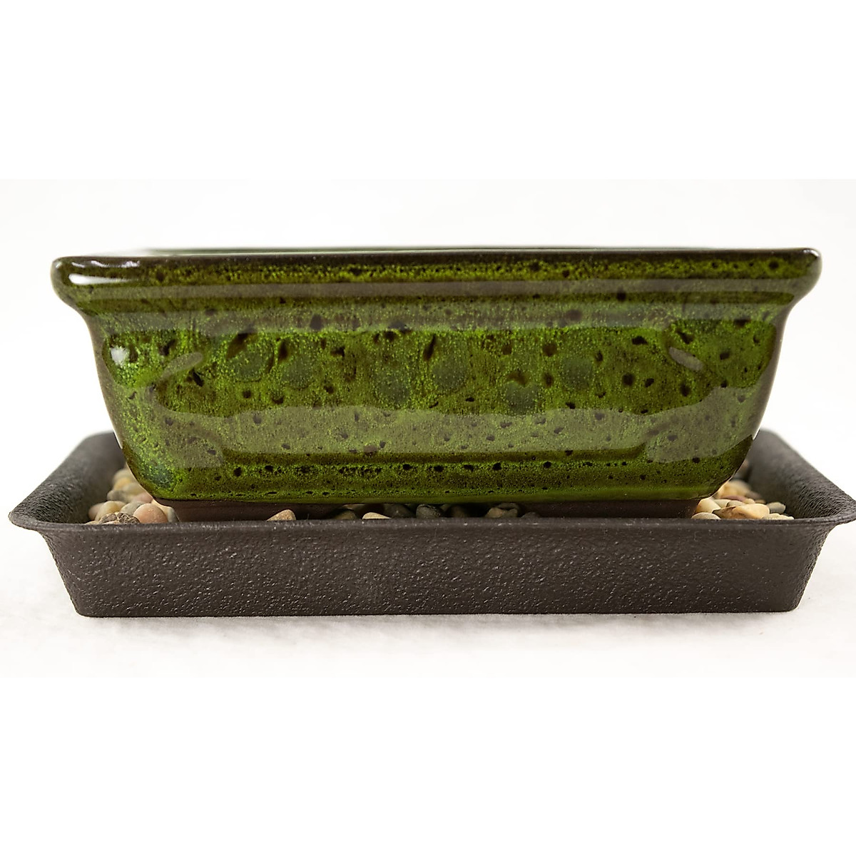 Calibonsai 6inch Rectangular Moss Green Shohin Bonsai/Succulent Pot + Tray + Rock + Mesh Combo, Blue,green