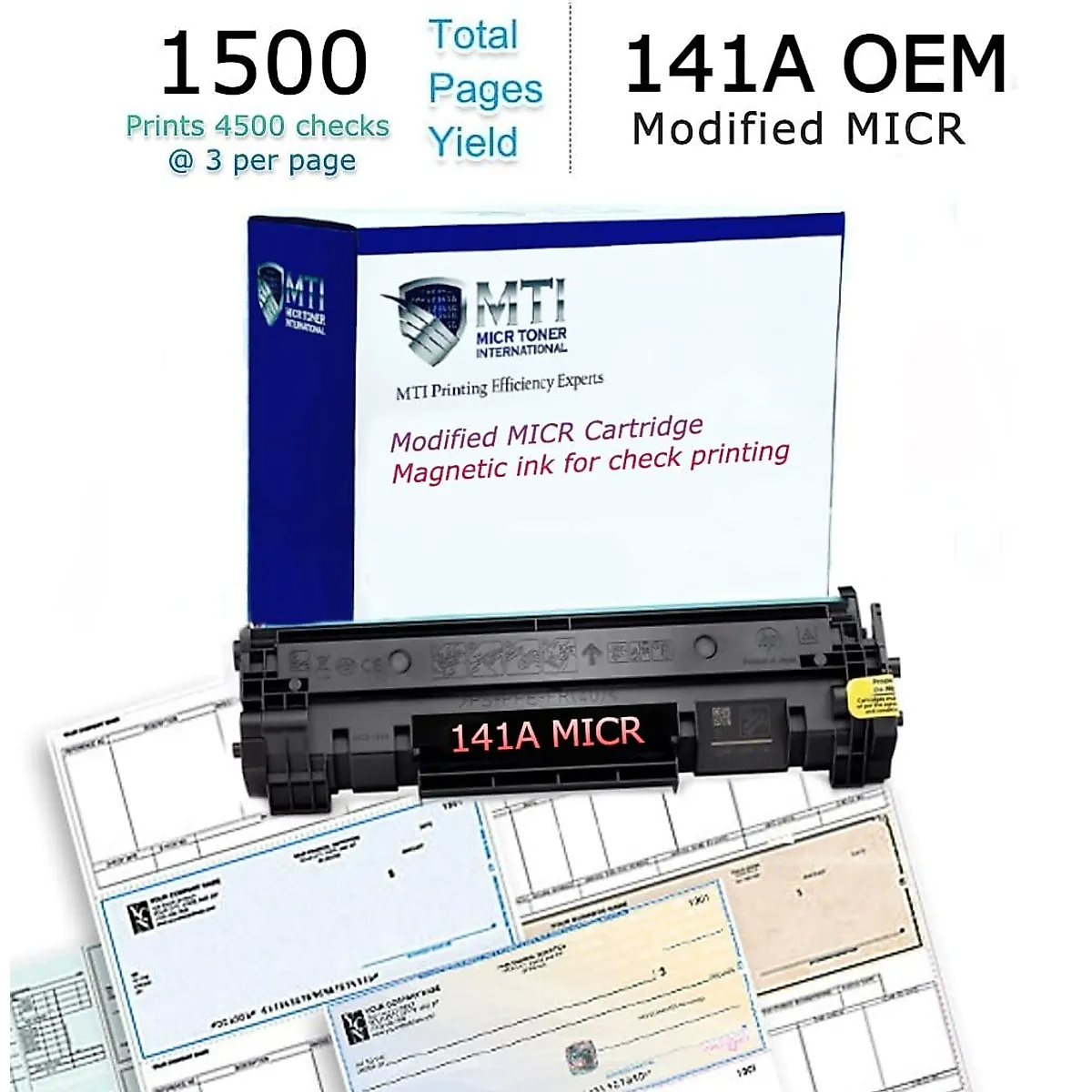 MTI M140we Laser MFP All-in-One Wireless Black & White Check Printer Bundle with 141A Starter MICR Toner, W1410A Modified Magnetic Ink Cartridge, 100 Sheets Blank Green Check Paper