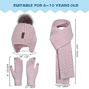 Winter Hat Gloves Scarf Set for Kids Earflap Beanie with Cute Pom Knit Girls Children Baby Toddler Pink Warm Wool Fleece Lining 6 7 8 9 10 Years Old